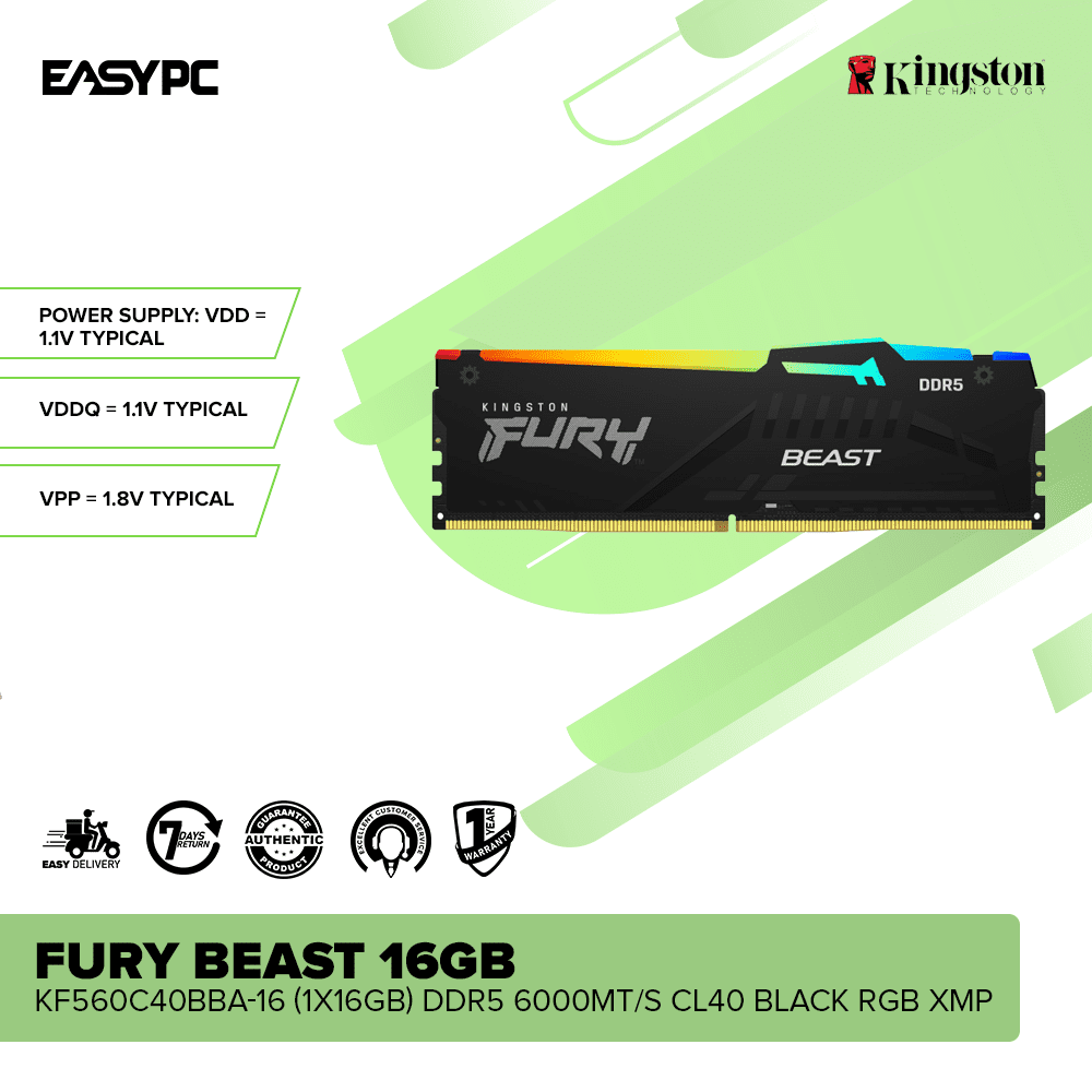 Kingston Fury Beast KF560C40BBA-16 16GB (1x16GB) DDR5 6000MT/s CL40 Bl – EasyPC