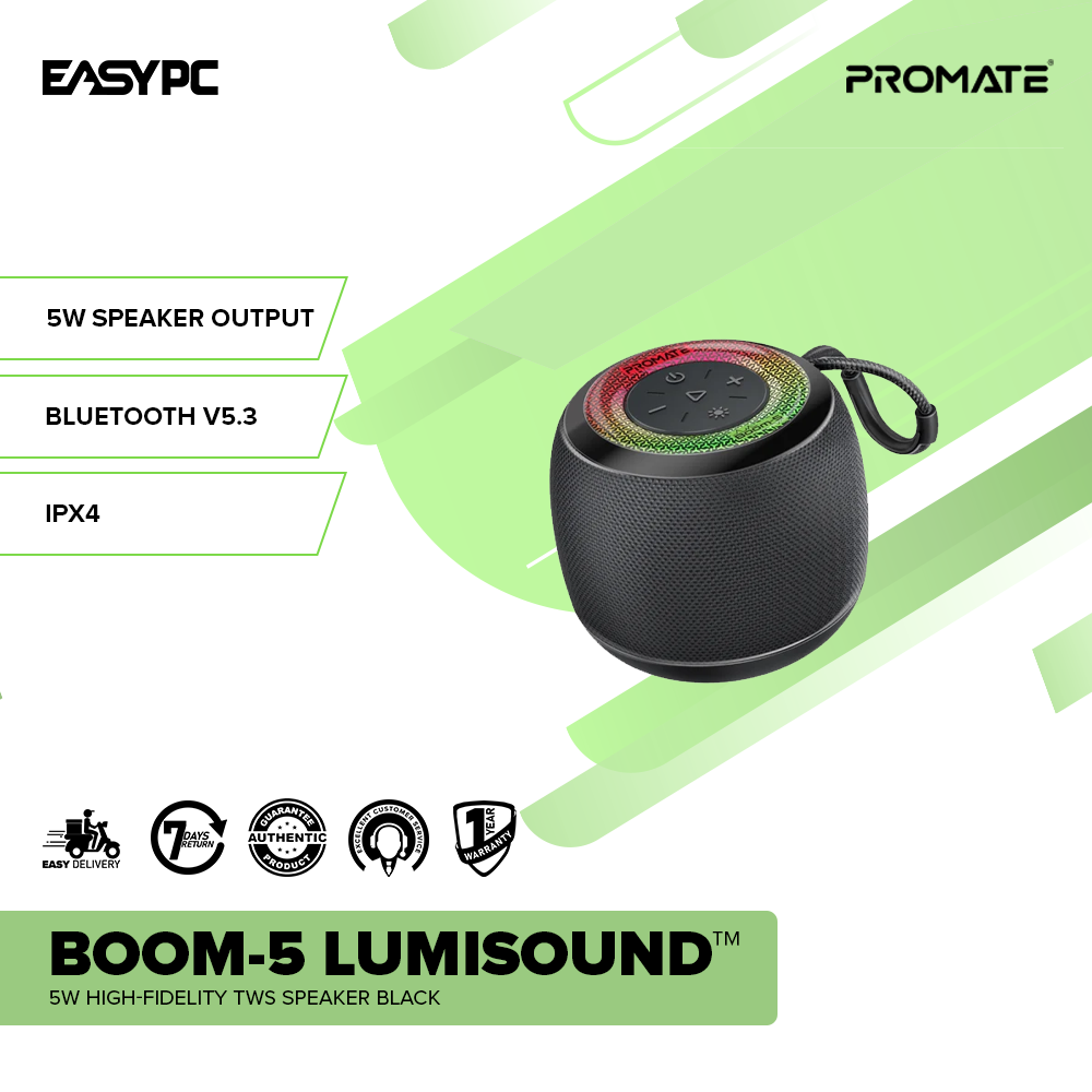 Promate Boom-5 LumiSoundÂ™ 5W High-Fidelity TWS Speaker Black – EasyPC