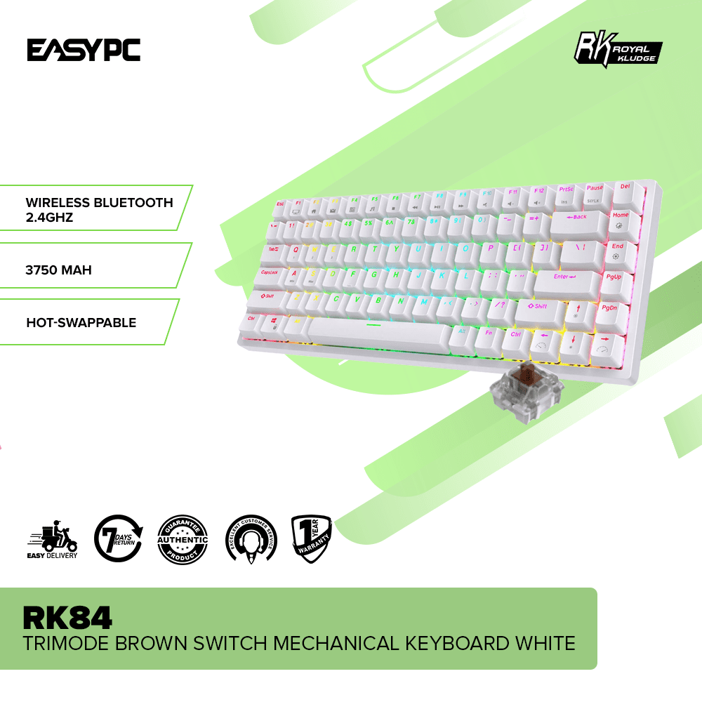 Royal Kludge RK84 Trimode Brown switch Mechanical Keyboard White – EasyPC