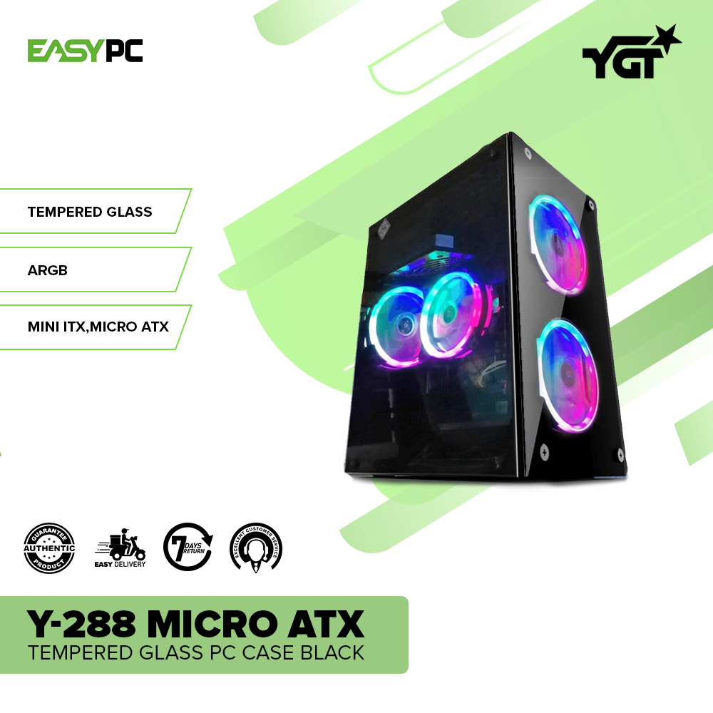 YGT Y-288 Micro ATX Tempered Glass PC Case Black – EasyPC