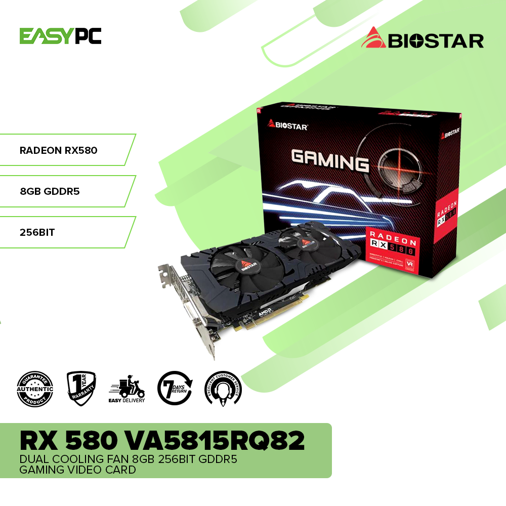 Biostar Rx 580 VA5805RV82 Dual Cooling Fan 8gb 256bit GDdr5 Gaming Vid ...