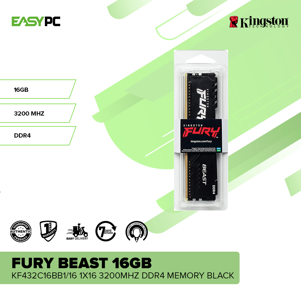 Kingston Fury Beast 16gb KF432C16BB1/16 1x16 3200MHz Ddr4 Memory Black – EasyPC