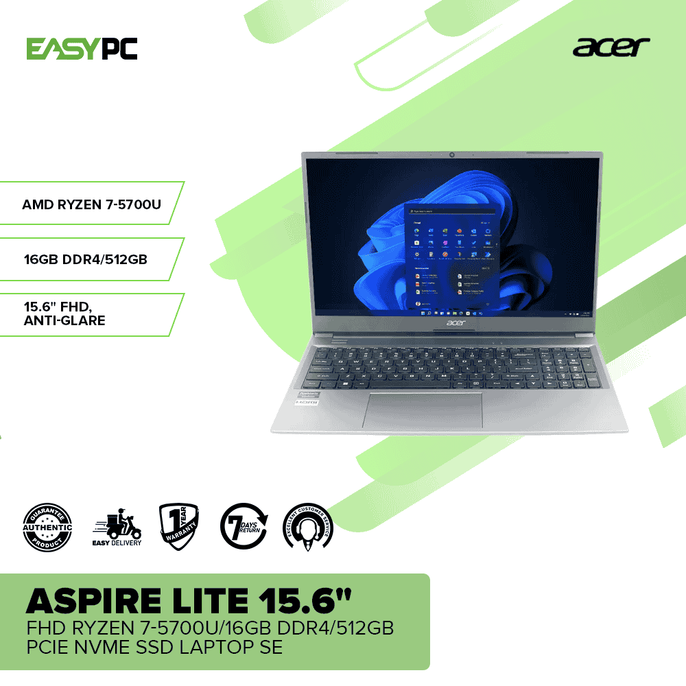 Acer Aspire Lite 15.6" FHD Ryzen 7-5700U/16GB DDR4/512GB Pcie NVMe SSD ...