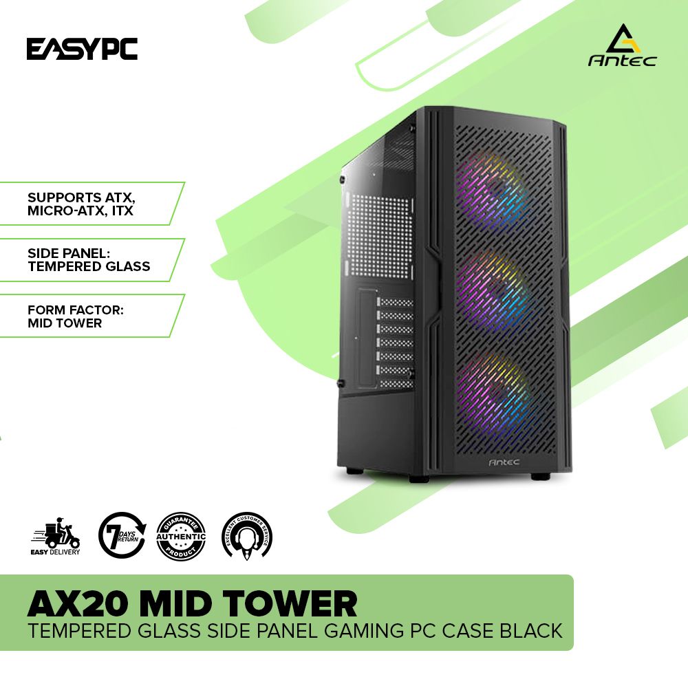 Antec AX20 Mid Tower Tempered Glass Side Panel Gaming PC Case Black ...