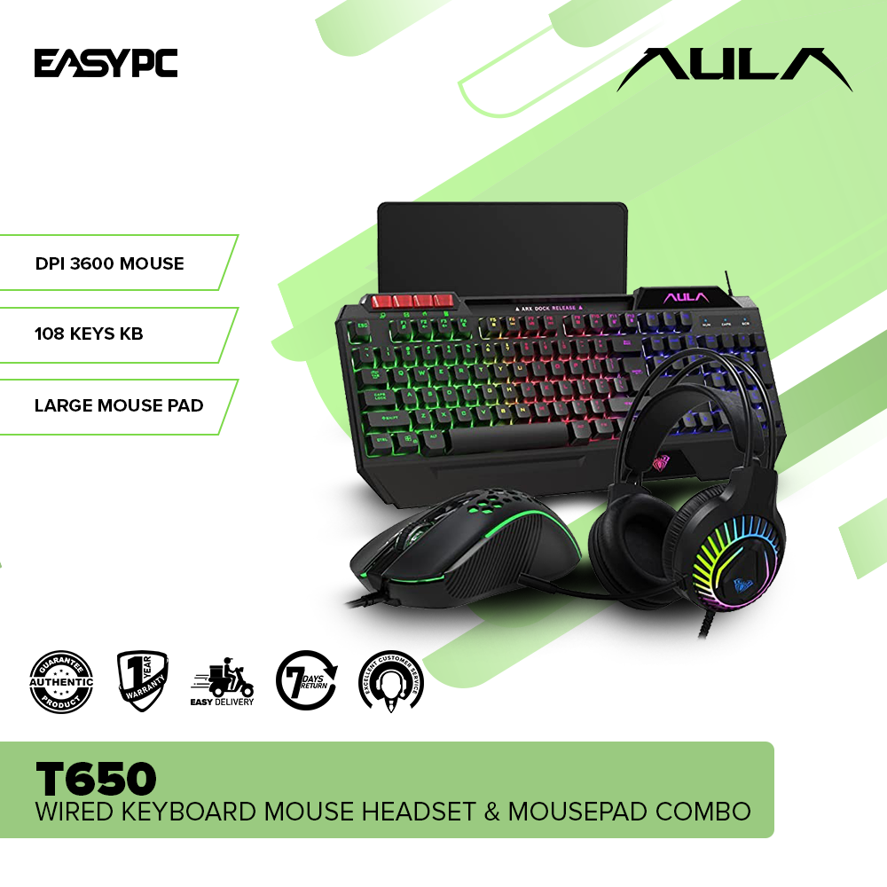 Aula T650 Wired Keyboard Mouse Headset & Mousepad Combo – EasyPC
