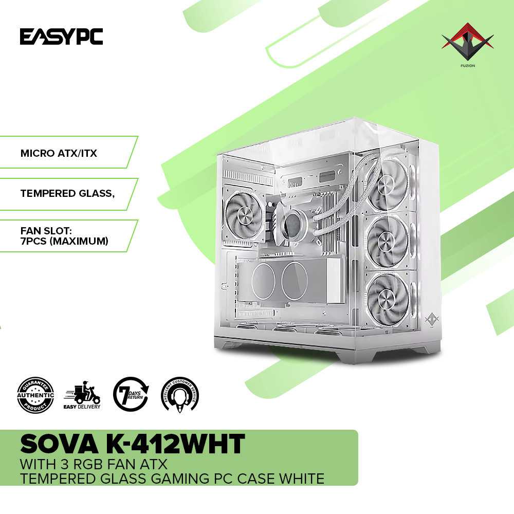 Fuzion SOVA K-412WHT with 3 RGB fan ATX Tempered Glass Gaming PC Case ...
