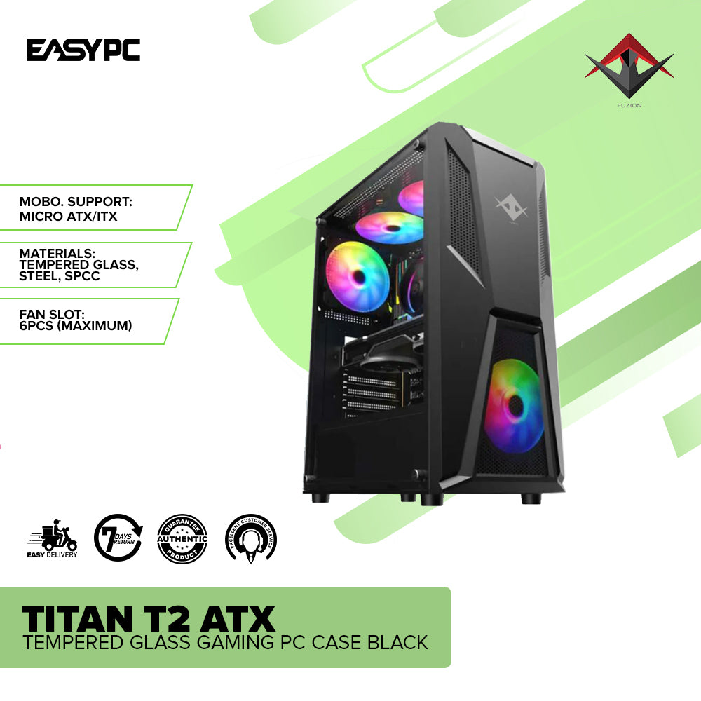 Fuzion Titan T2 ATX Tempered Glass Gaming PC Case Black – EasyPC