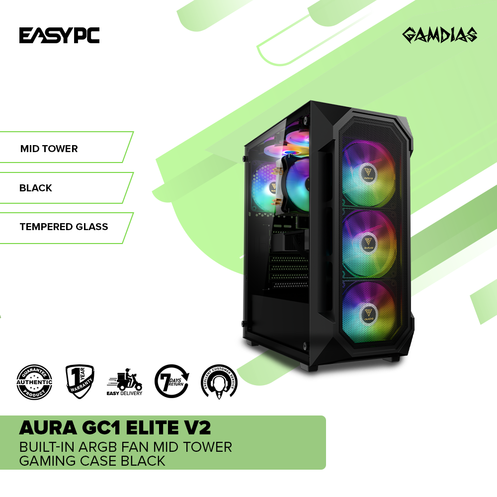 Gamdias Aura GC1 Elite V2 Built-in ARGB Fan Mid Tower Gaming Case Blac ...