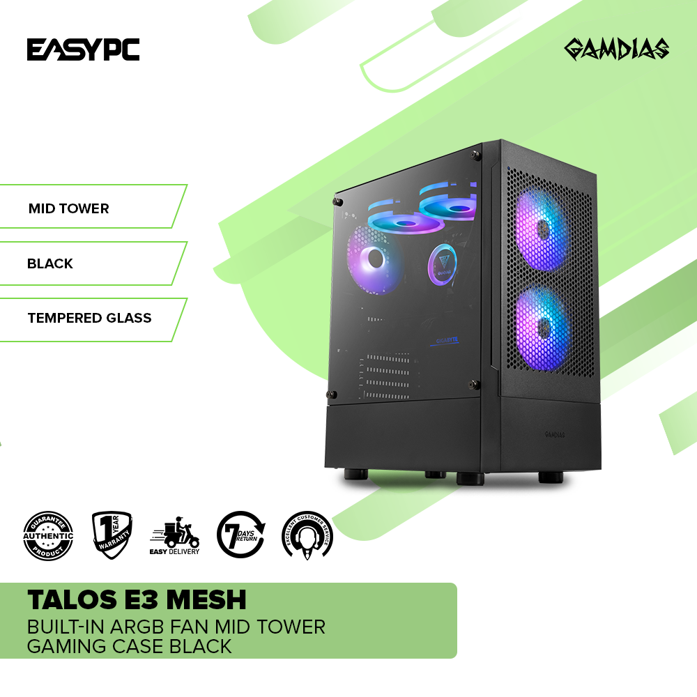 Gamdias Talos E3 Mesh Built-in ARGB Fan Mid Tower Gaming Case Black ...