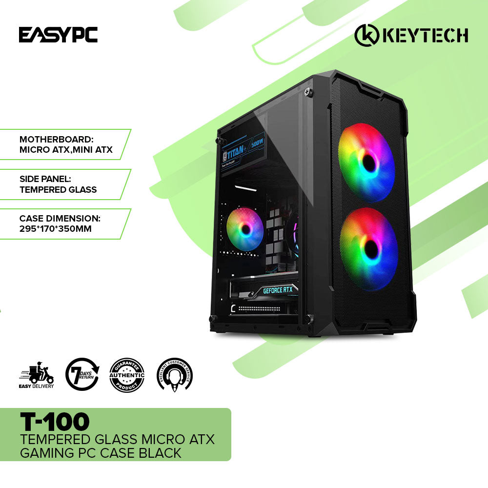 Keytech T-100 Tempered Glass Micro ATX Gaming PC Case Black – EasyPC