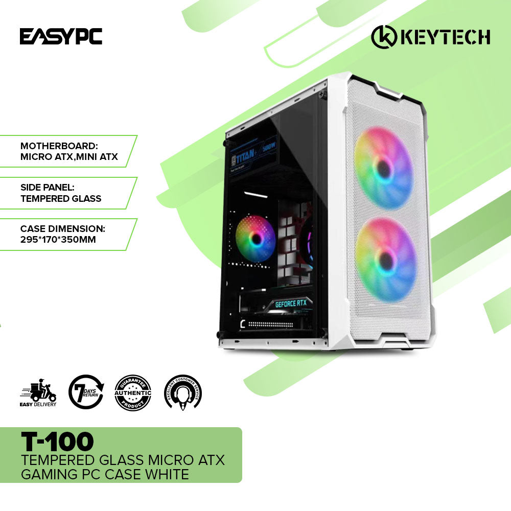 Keytech T-100 Tempered Glass Micro ATX Gaming PC Case White – EasyPC