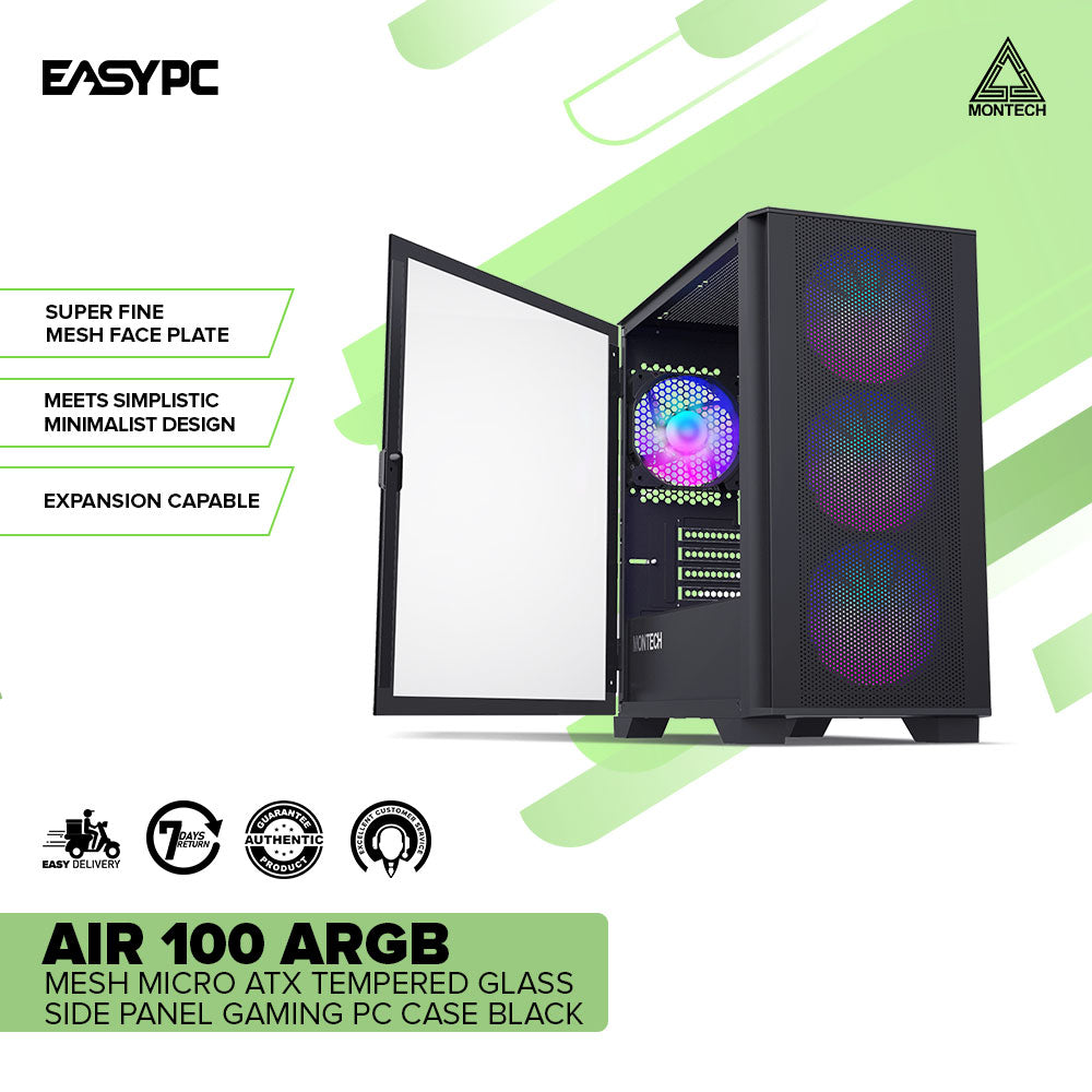 Montech Air 100 ARGB Mesh Micro ATX Tempered Glass Side Panel Gaming P ...