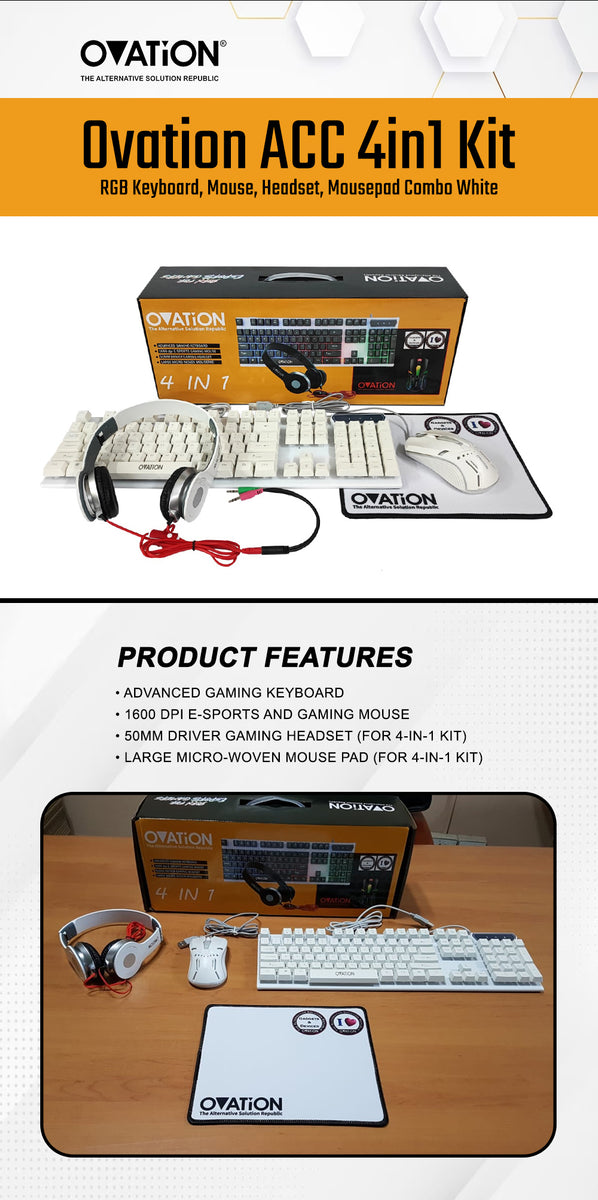 Ovation ACC 4in1 Kit RGB Keyboard,Mouse,Headset,Mousepad Combo White ...