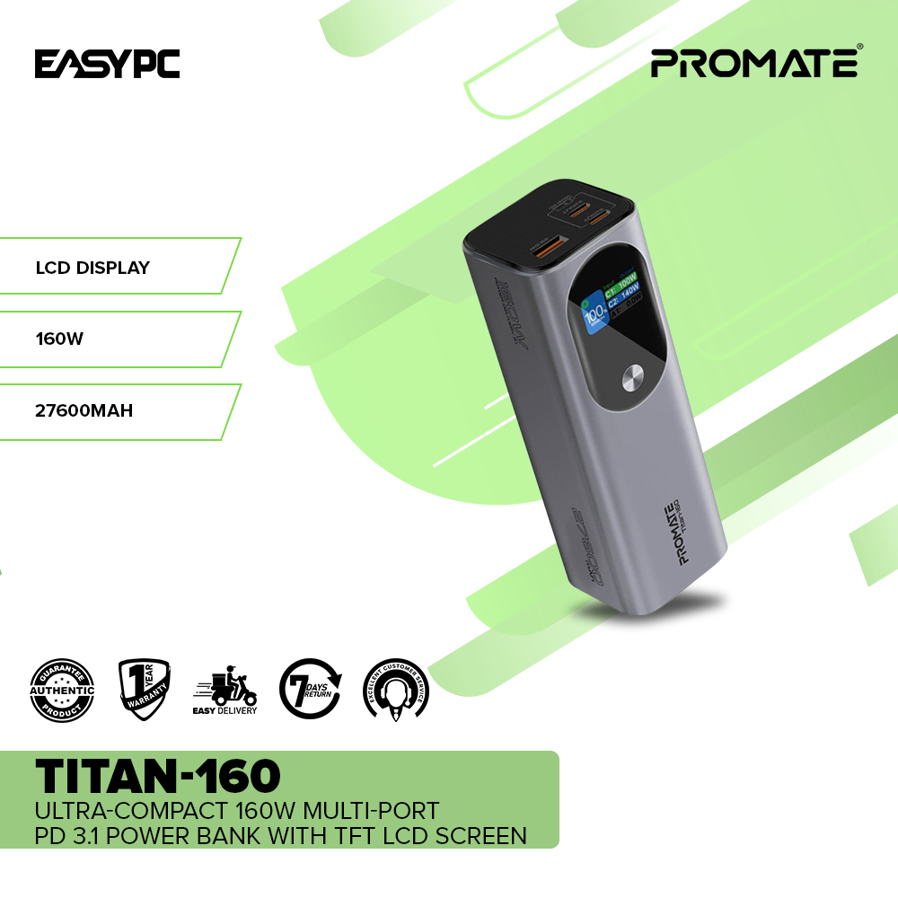 Promate Titan-160 Ultra-Compact 160W Multi-Port PD 3.1 Power Bank with ...