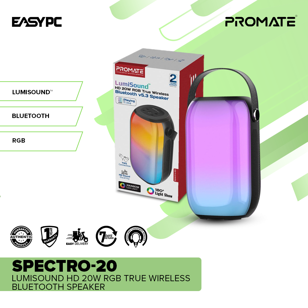 Promate Spectro-20 LumiSound HD 20W RGB True Wireless Bluetooth Speake ...