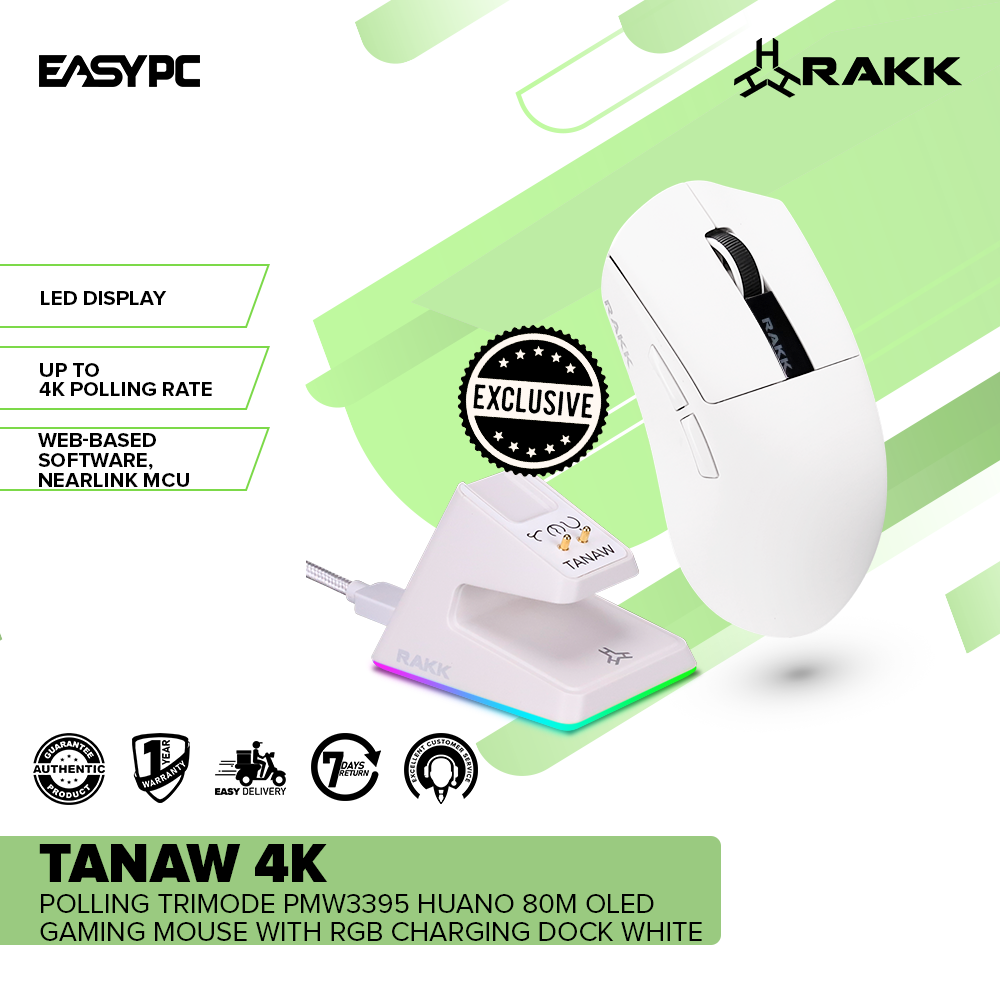 RAKK TANAW 4K Polling Trimode PMW3395 Huano 80M OLED Gaming Mouse with ...