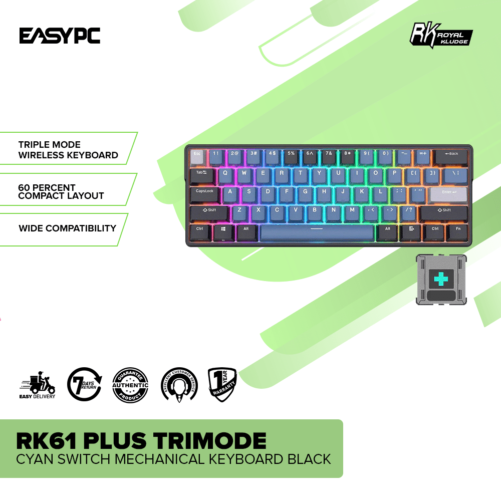 Royal Kludge RK61 Plus Trimode Cyan switch Mechanical Keyboard Black ...