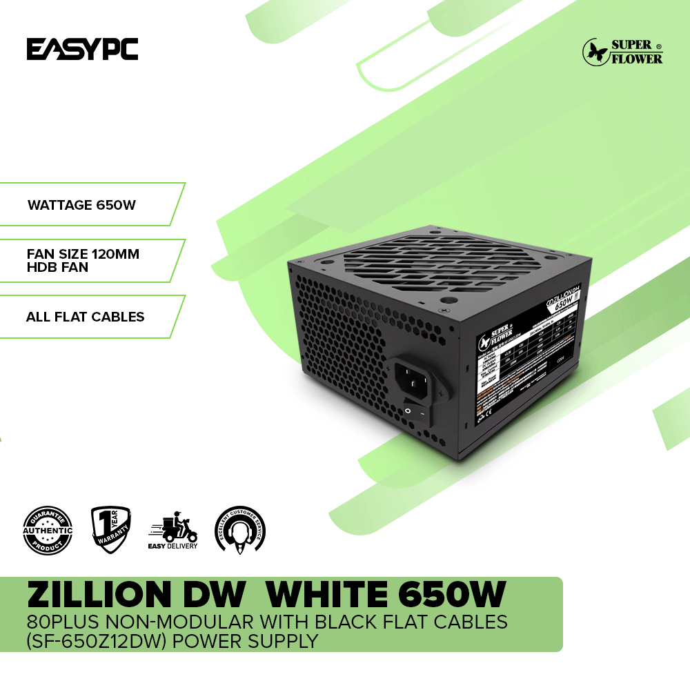 SuperFlower ZILLION DW WHITE 650W 80Plus Non-Modular w/ Black Flat Cab ...