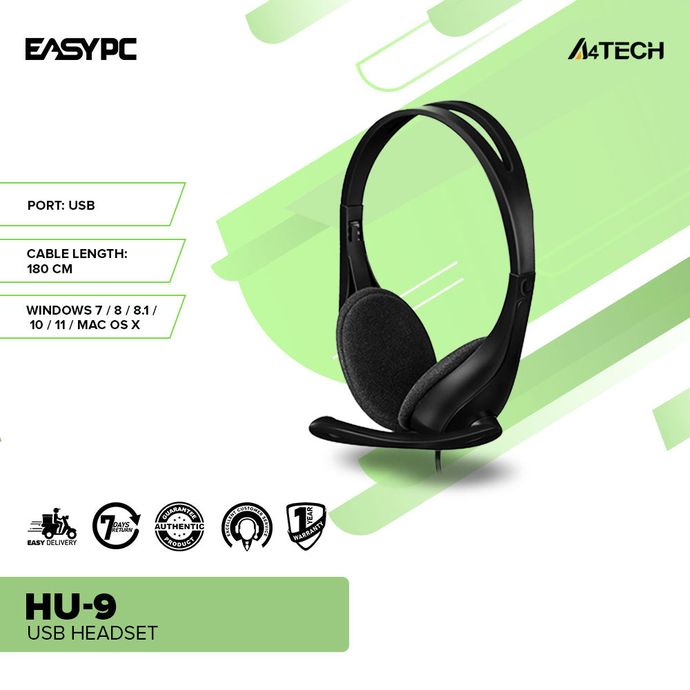 A4Tech HU-9 USB Adjustable Headband Rotatable Mic. Boom Light-Weight D ...