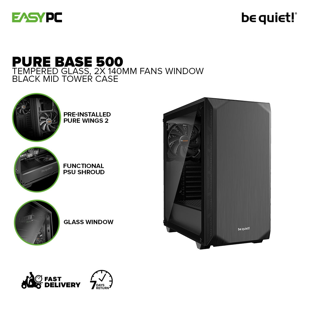 BeQuiet Pure Base 500 Tempered Glass, 2x 140mm Fans Window Black, Whit ...