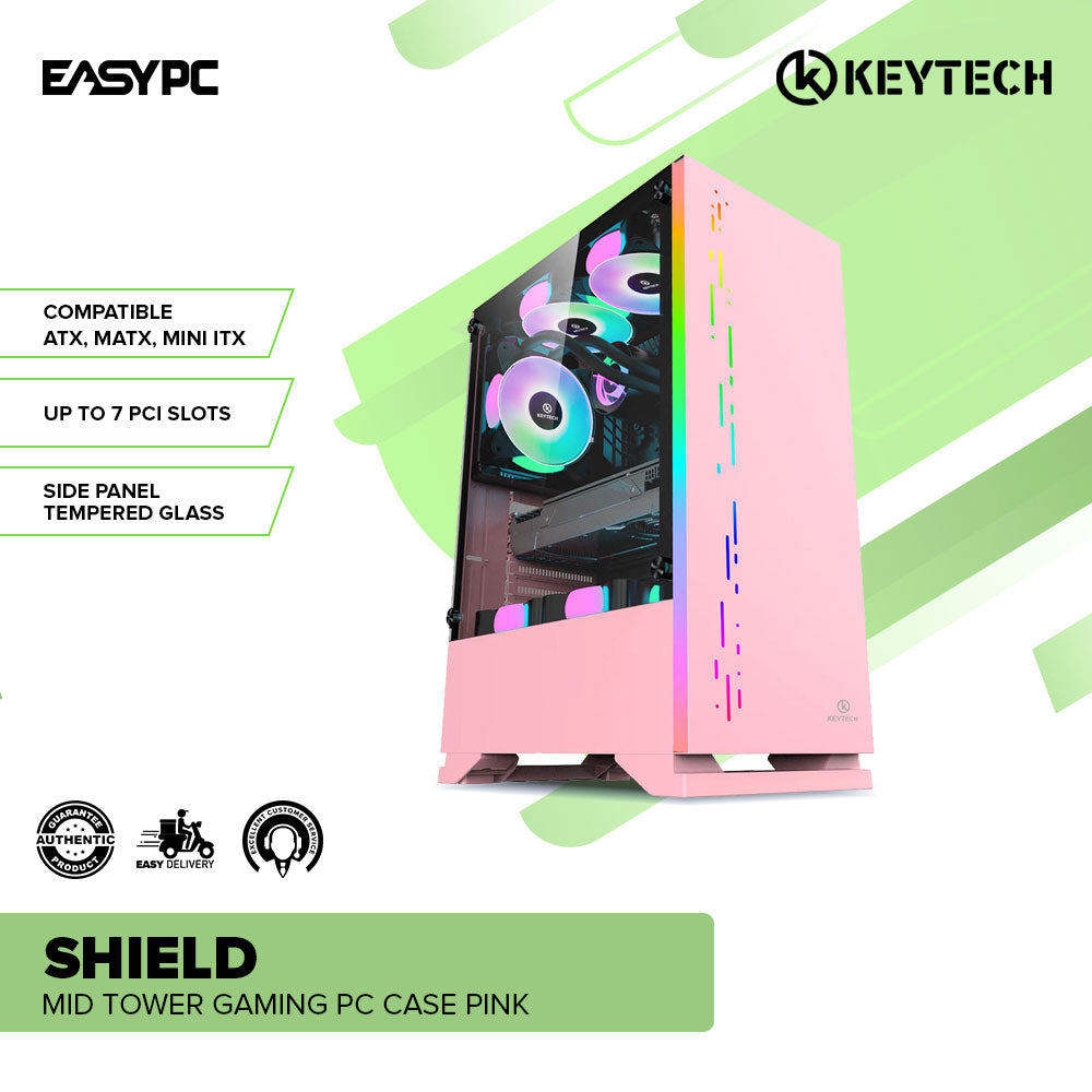 Keytech Shield Mid Tower Gaming PC Case Pink, White, Black or Mint – EasyPC