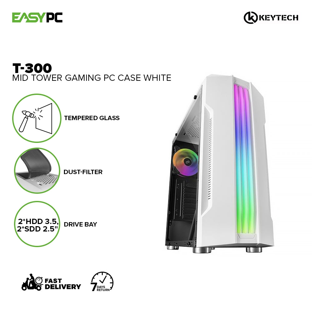 Keytech T-300 Mid Tower 7 slot PCI, 5 Pcs Fan Slot PC Case Gaming Whit ...