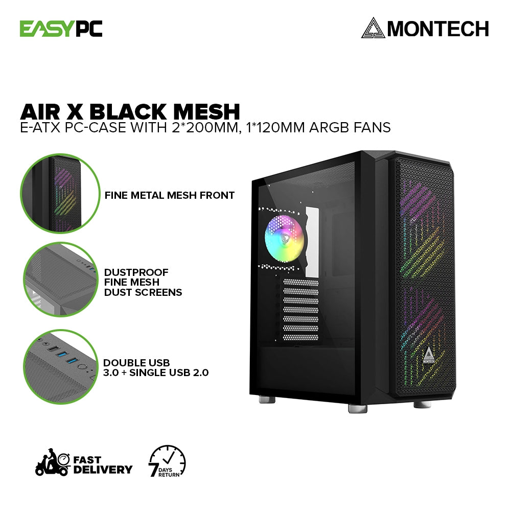 Montech Air X Mesh E-ATX Case with 2*200mm, 1*120mm ARGB Fans 5 PC Cas ...