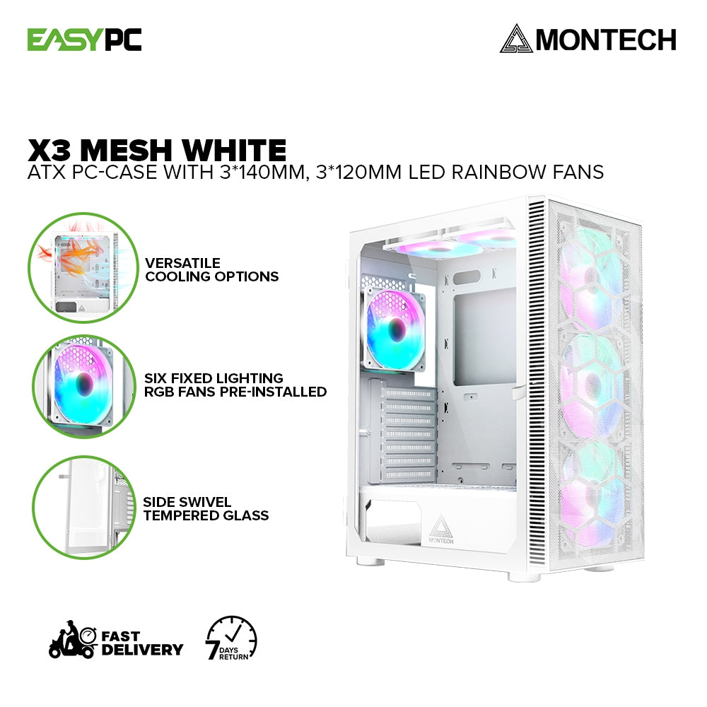 Montech X3 Mesh White ATX Case with 3*140mm, 3*120mm LED Rainbow Fans ...