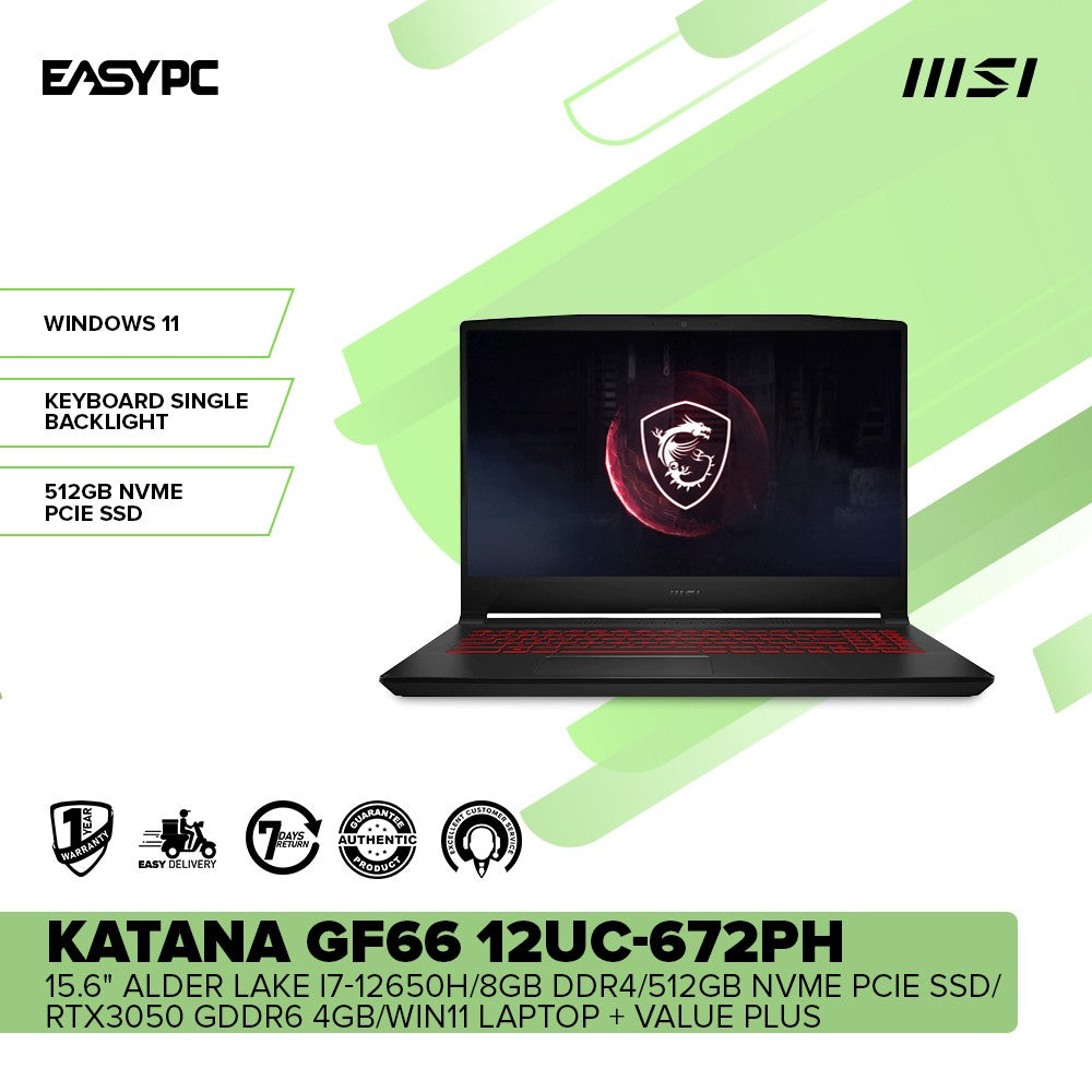 MSI Katana GF66 12UC-672PH 15.6" i7-12650H/8GB DDR4/512GB NVMe SSD/RTX – EasyPC