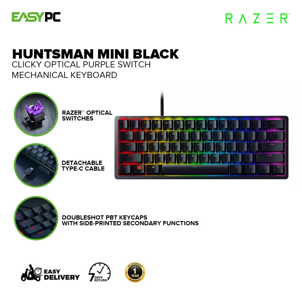 Razer Huntsman Mini Black/Mercury Case PBT Keycaps Clicky Optical Purp ...