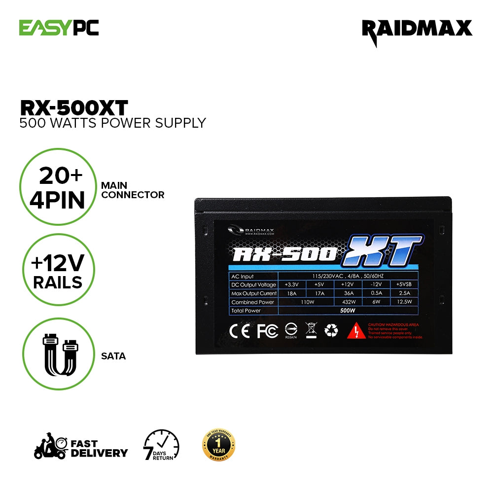 Raidmax RX-500XT 500 watts, Haswell Support, Non Modular, Power Supply ...