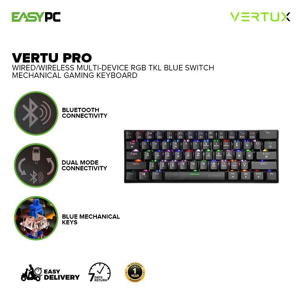Vertux Vertu Pro Wired/Wireless Multi-device RGB TKL Blue Switch Anti ...