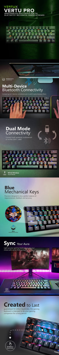 Vertux Vertu Pro Wired/Wireless Multi-device RGB TKL Blue Switch Anti ...